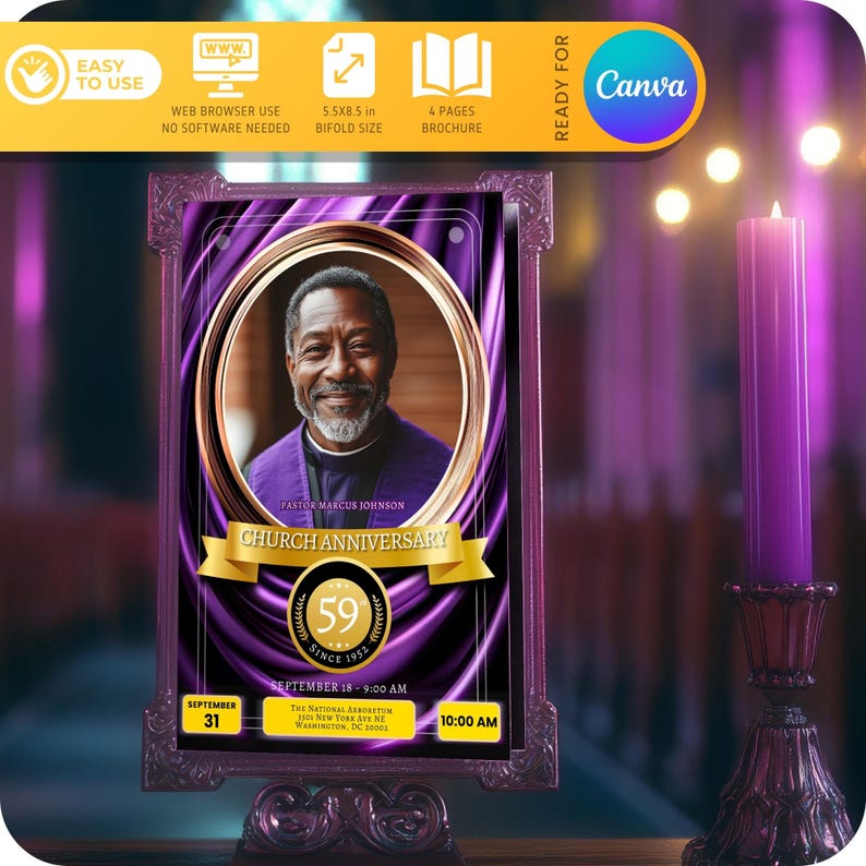 Editable Church Anniversary Program Template, Luxury Purple Gold ...