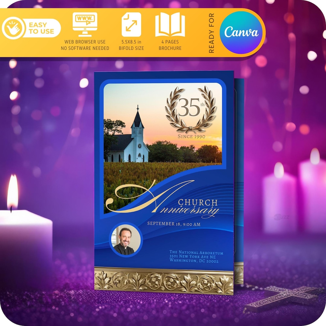 DIY Church Anniversary Program Template, Blue Gold Ornament (PDF ...