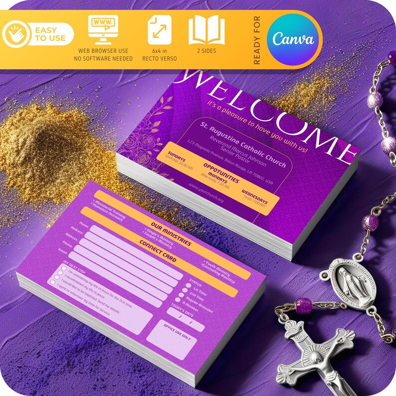Church Visitor Card Template for Canva, Purple Gold, Church Welcome ...