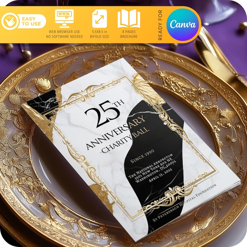 Editable Anniversary Gala Program Template | Luxury Gold Marble ...