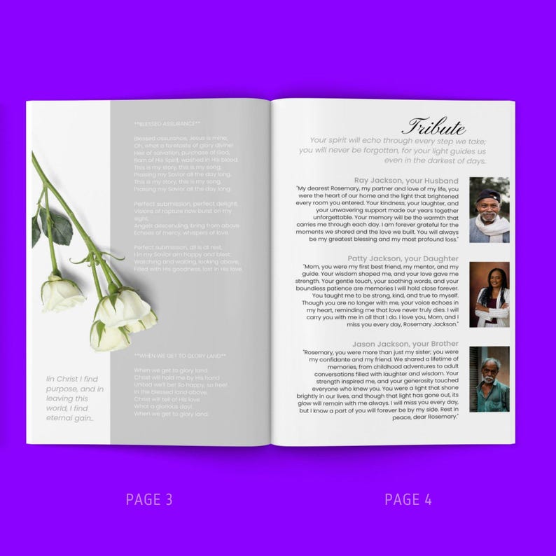 ROSA Theme | Funeral Program Template, Canva, White Grey, Women's Obituary, Celebration of Life ...