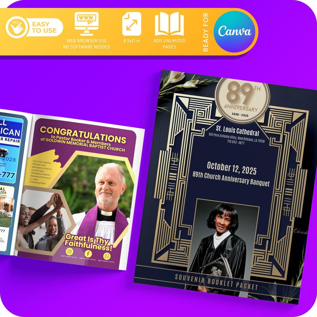 DIY Church Souvenir Book Ad Photo Templates, Editable, Gold Art Deco ...