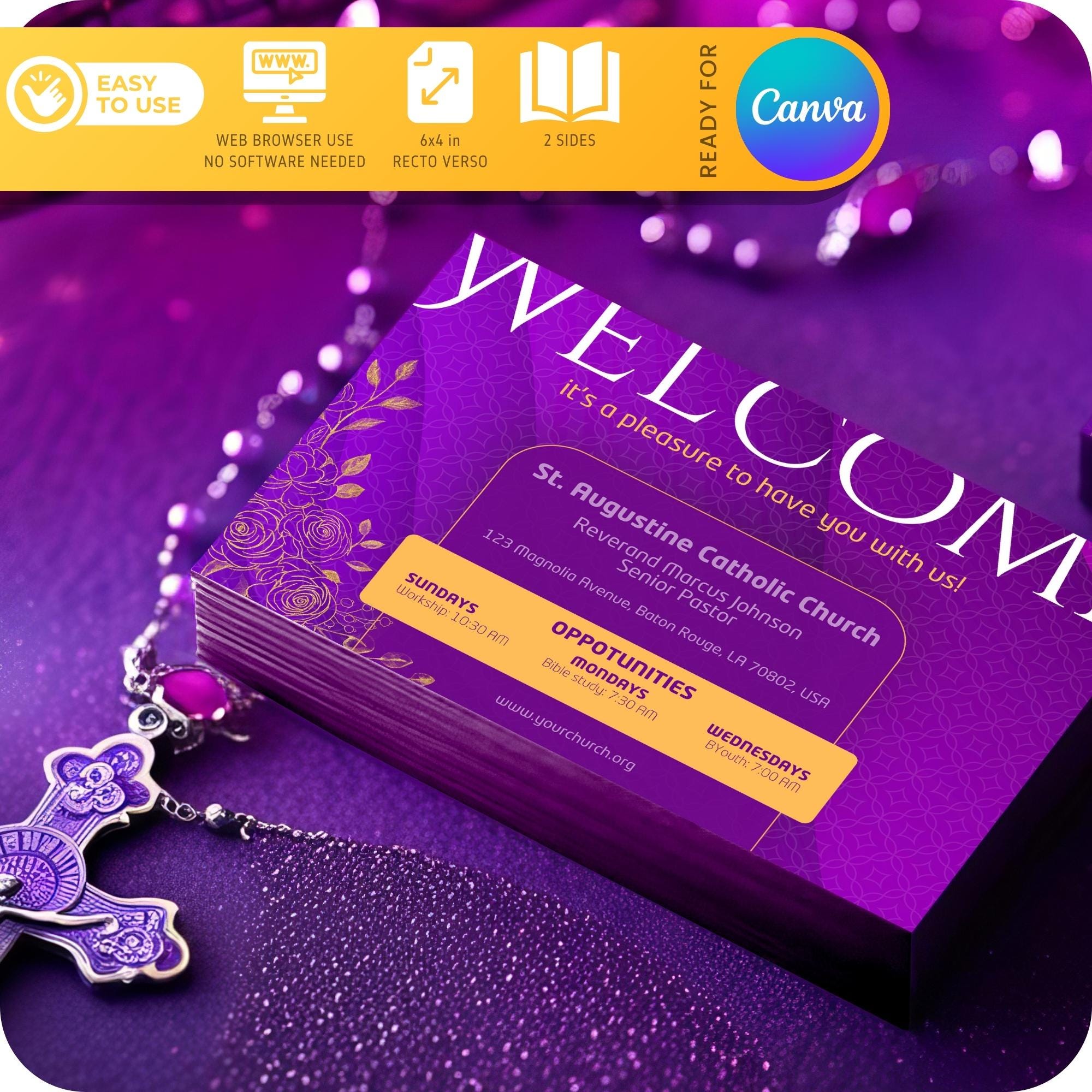 Purple Gold Church Visitor Card Template, Welcome Connect Card (canva ...