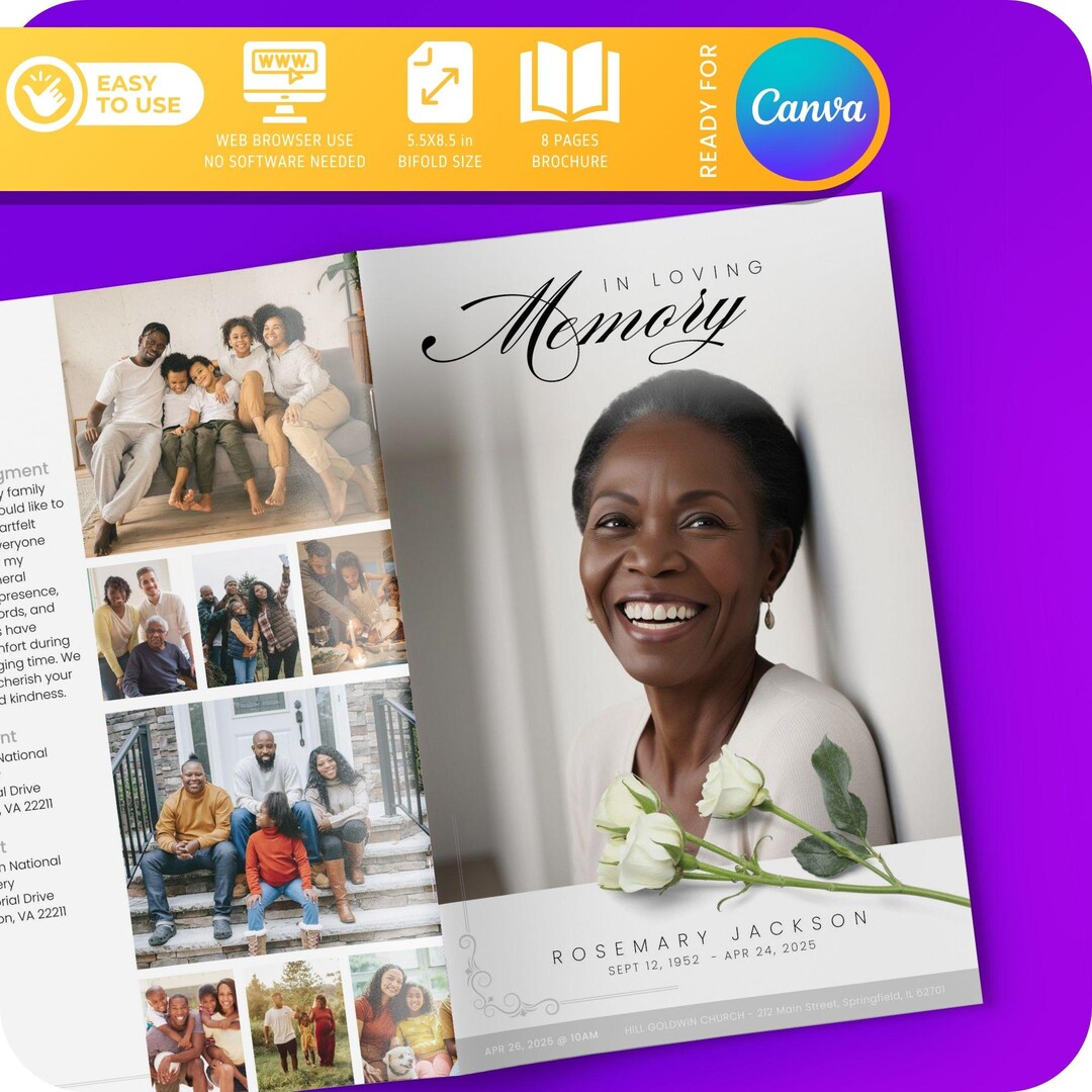 ROSA Theme | Funeral Program Template, Canva, White Grey, Women's ...