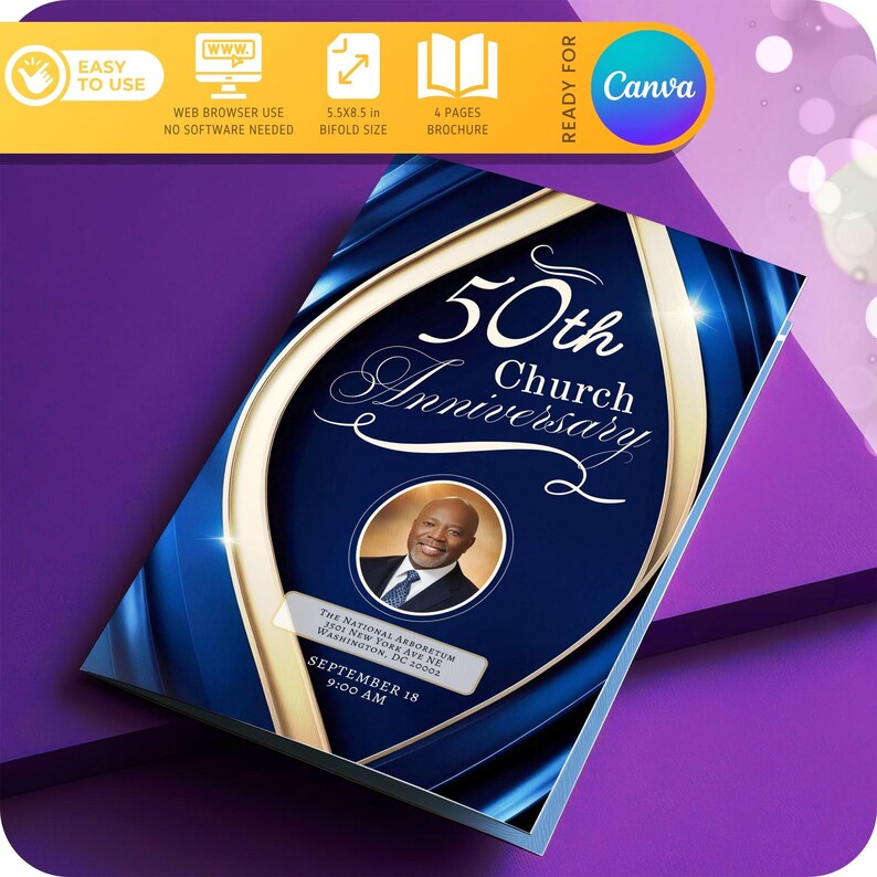 Church Anniversary Program Template, Luxury Blue Gold, Pdf Instant ...