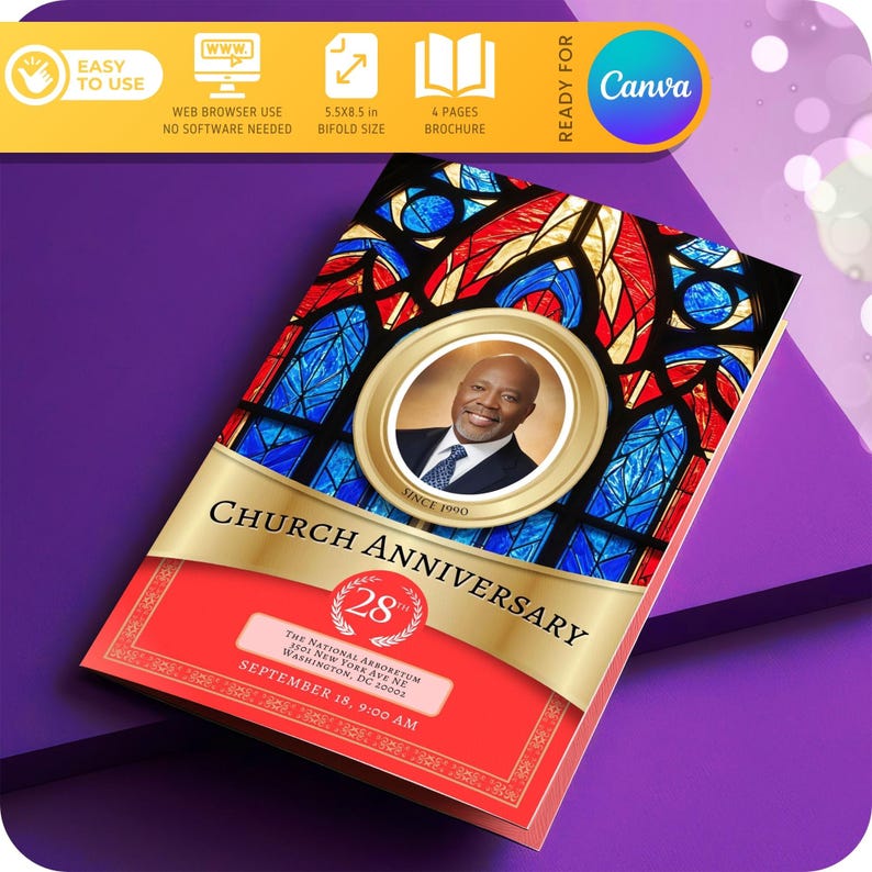 Church Anniversary Program DIY Template, Stained Glass Gold, Pdf ...