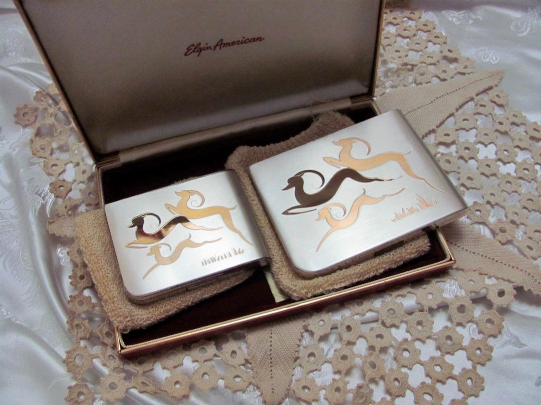 Elgin American // Boxed Set Brushed Brass Gold Tone Mirror Cosmetic ...