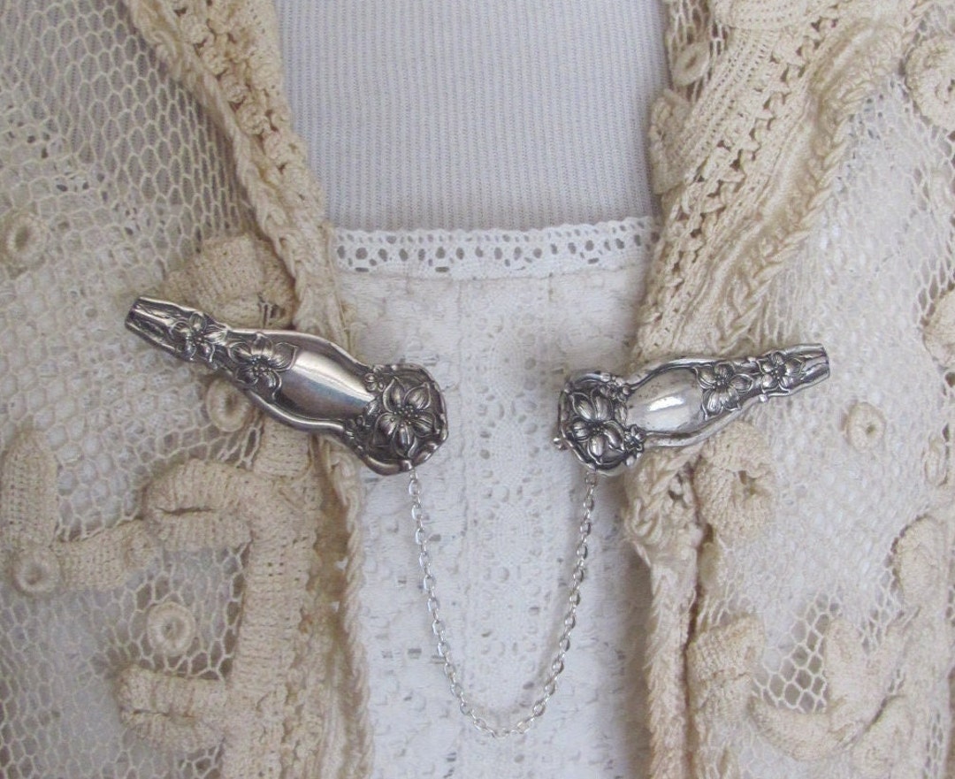 Fancy Pattern Ornate Silver Sweater Closure Clips Silverware Handle ...