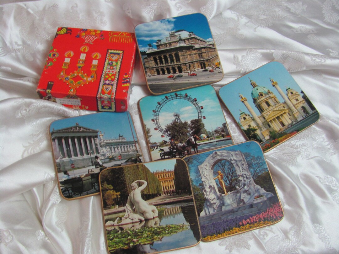 Vintage Set of Six Coasters From Austria Souvenir With Box - Mid ...