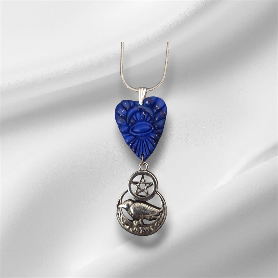 Heart Evil Eye Clay Pendant W/ Crow and Pentacle Charm on 22 Inch ...