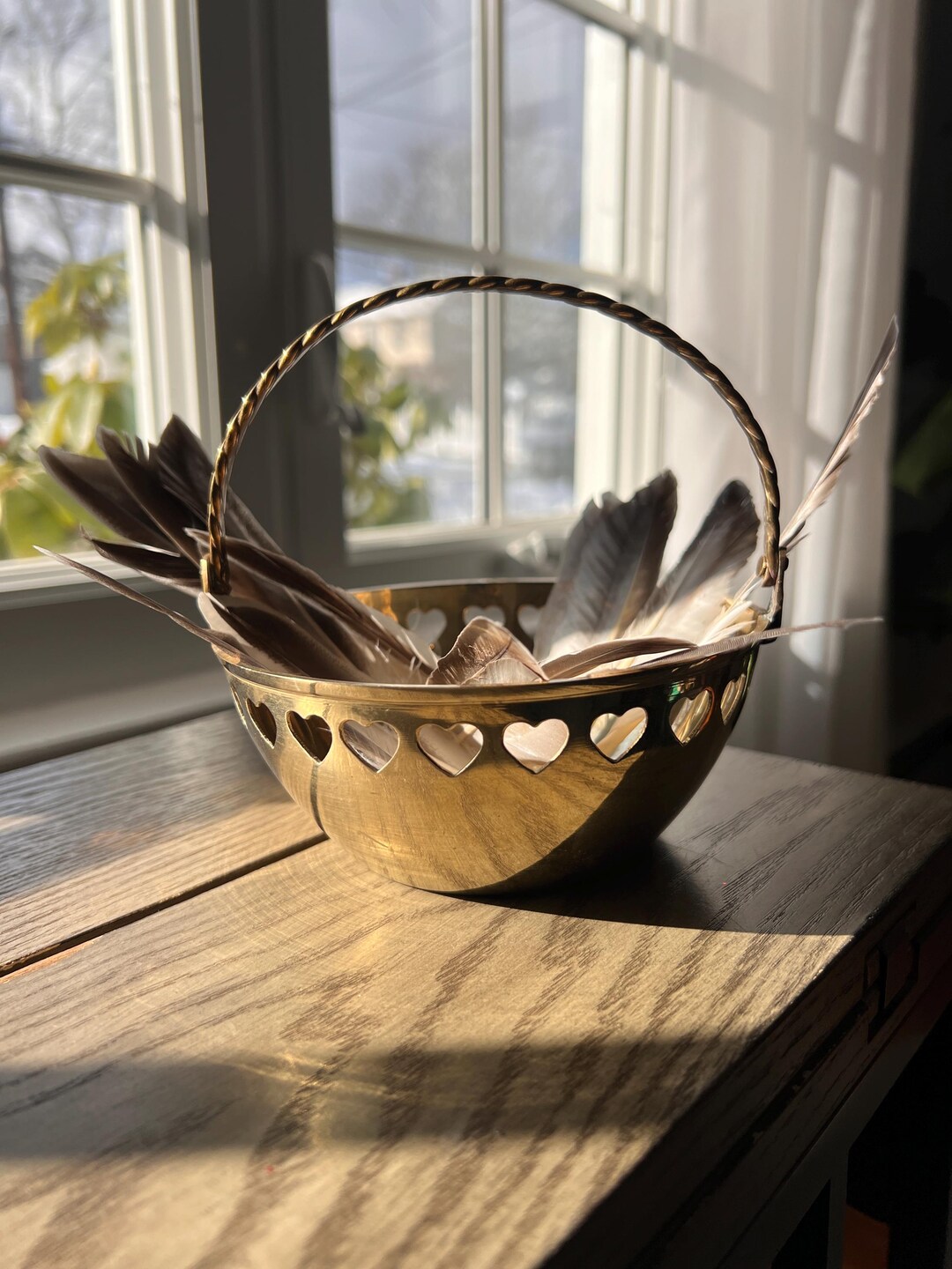 Vintage Solid Brass Basket Bowl With Heart Cutouts – Twisted Handle ...