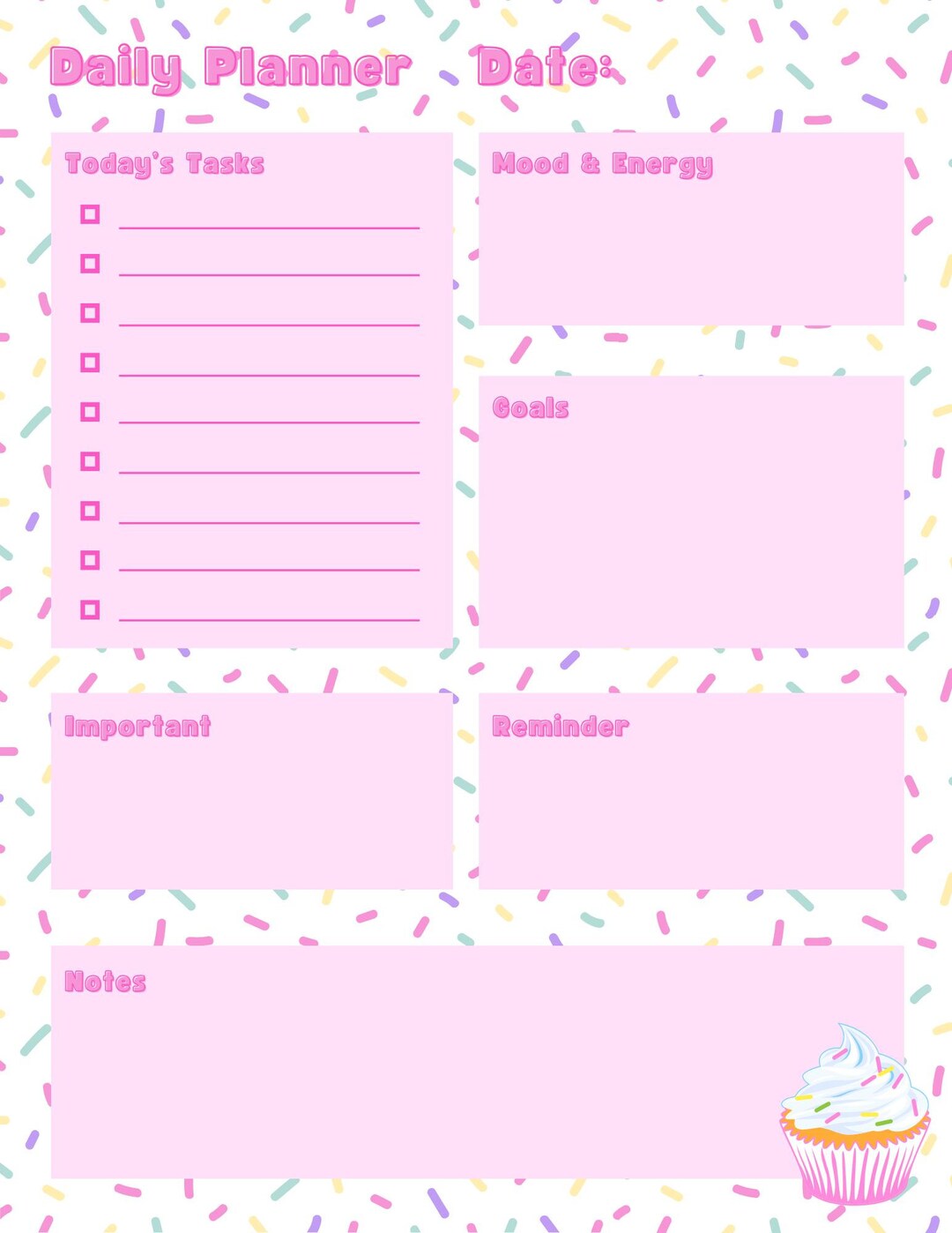 Downloadable Fun Sprinkles Printable Daily Planner Template Page, 8.5 X ...