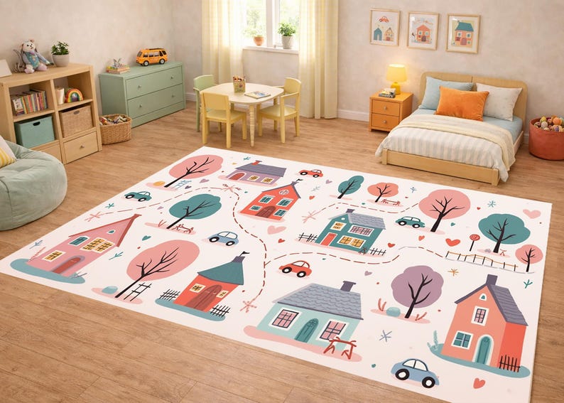 Town Map Kids Rug, Cute City Play Mat, Village Road Playmat for Kids ...