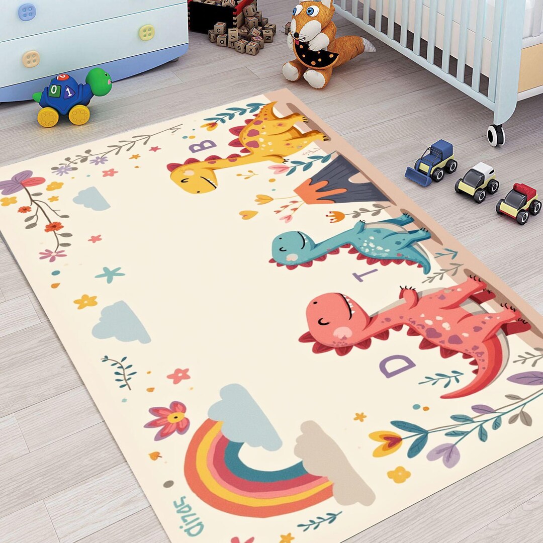 Dinosaur Rug, ABC Kids Playmat, Rainbow Nursery Carpet, Baby Dino Rug ...
