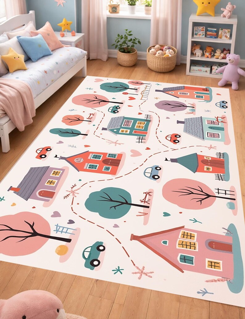 Town Map Kids Rug, Cute City Play Mat, Village Road Playmat for Kids ...