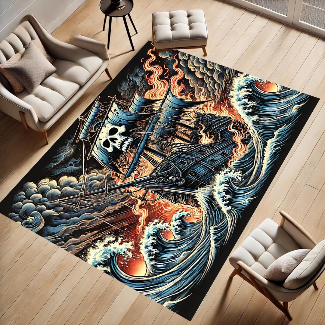 Pirate Ship Rug: Skull, Storm, Sea, Flame - Non-slip Home Decor, Ship ...