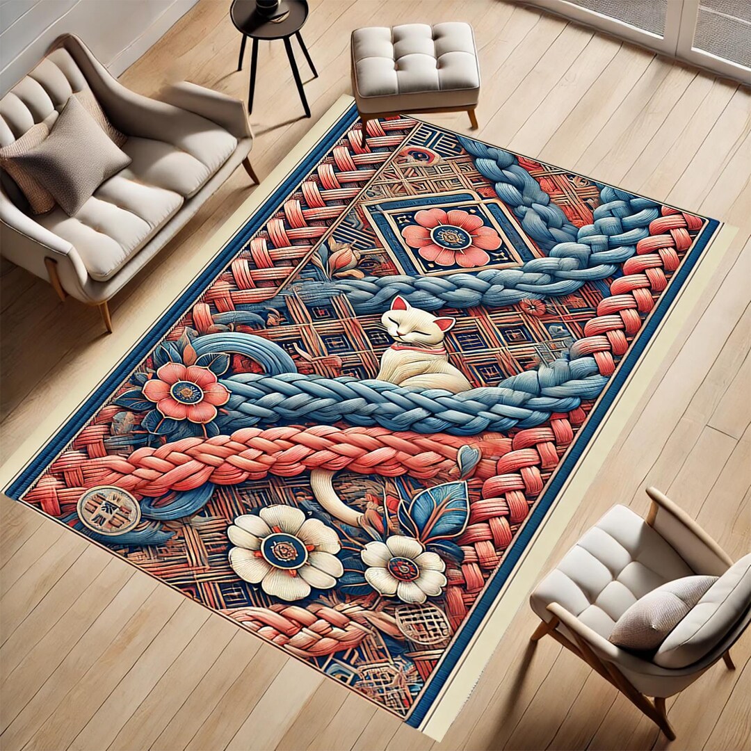 Wicker Patterned Rug: Cat & Flowers, Non-slip Home Decor - Etsy