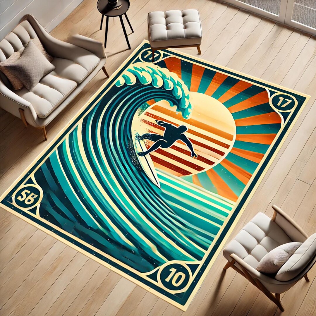 Young Room Rug, Surfing, Sea, Ocean, Sun, Big Waves, Seashell, Palm ...