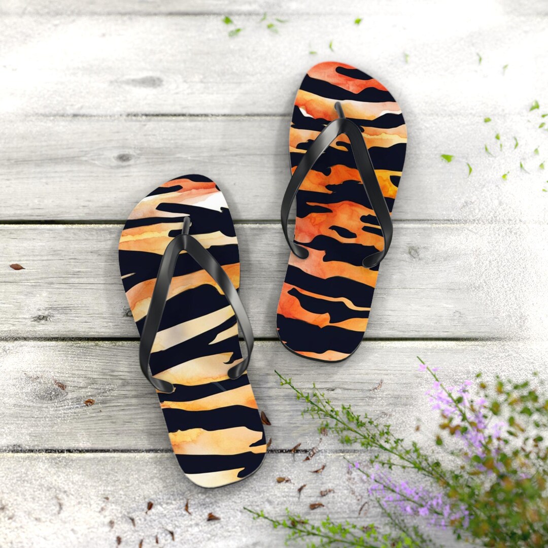 Tiger Striped Flip Flops - Summer Beach Sandals, Poolside Footwear ...