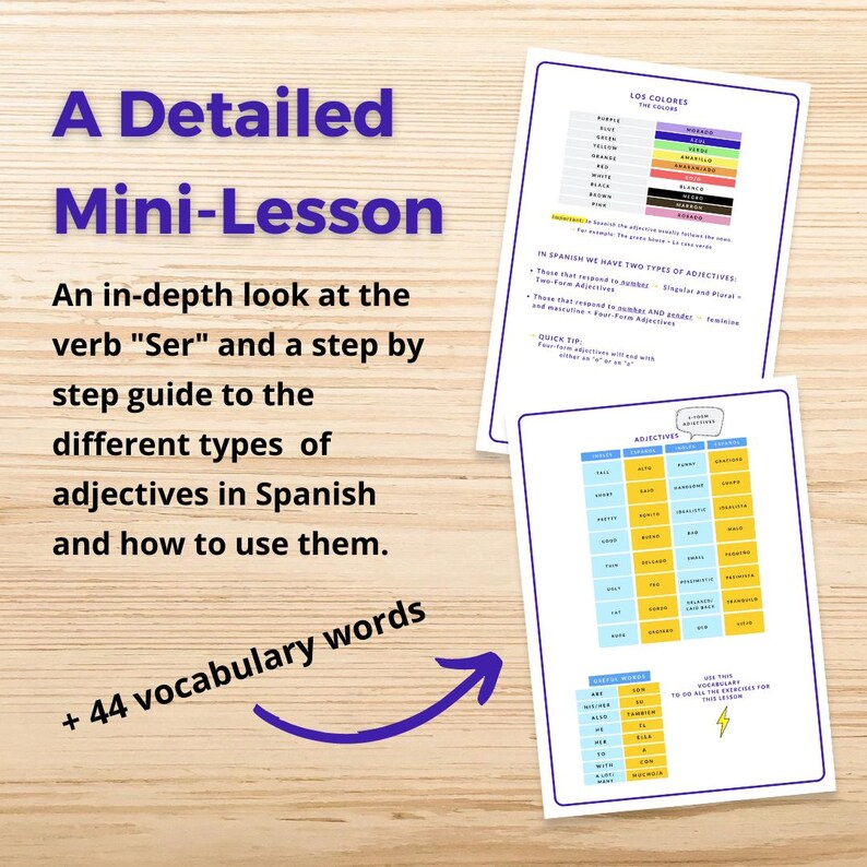 Adjectives in Spanish and the Verb ser Mini Lesson Grammar Practice ...
