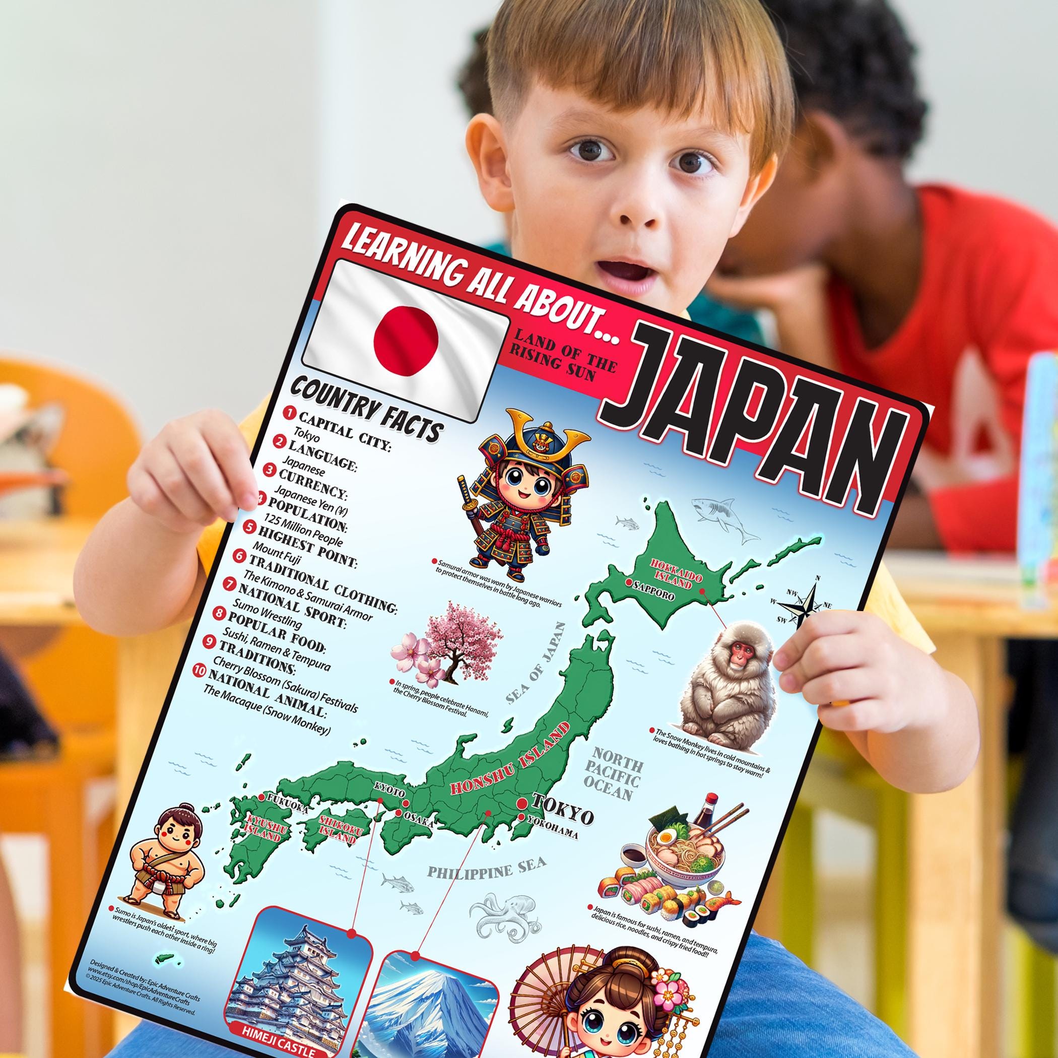 Japan Educational Poster for Kids – Fun Learning Map With Facts, Cities ...
