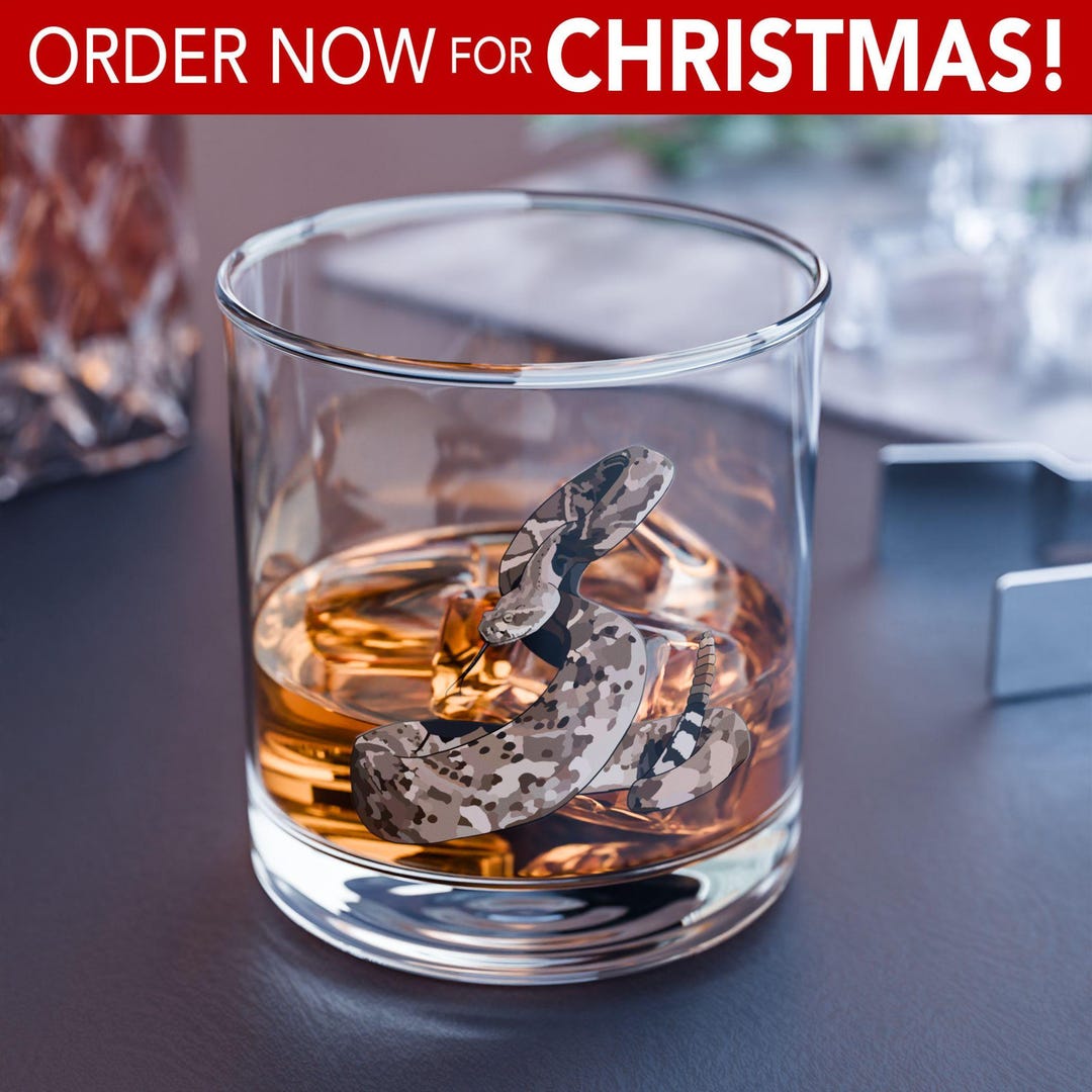 Whiskey Glass, 10oz Rattlesnake Design, Unique Barware Gift, Bourbon ...
