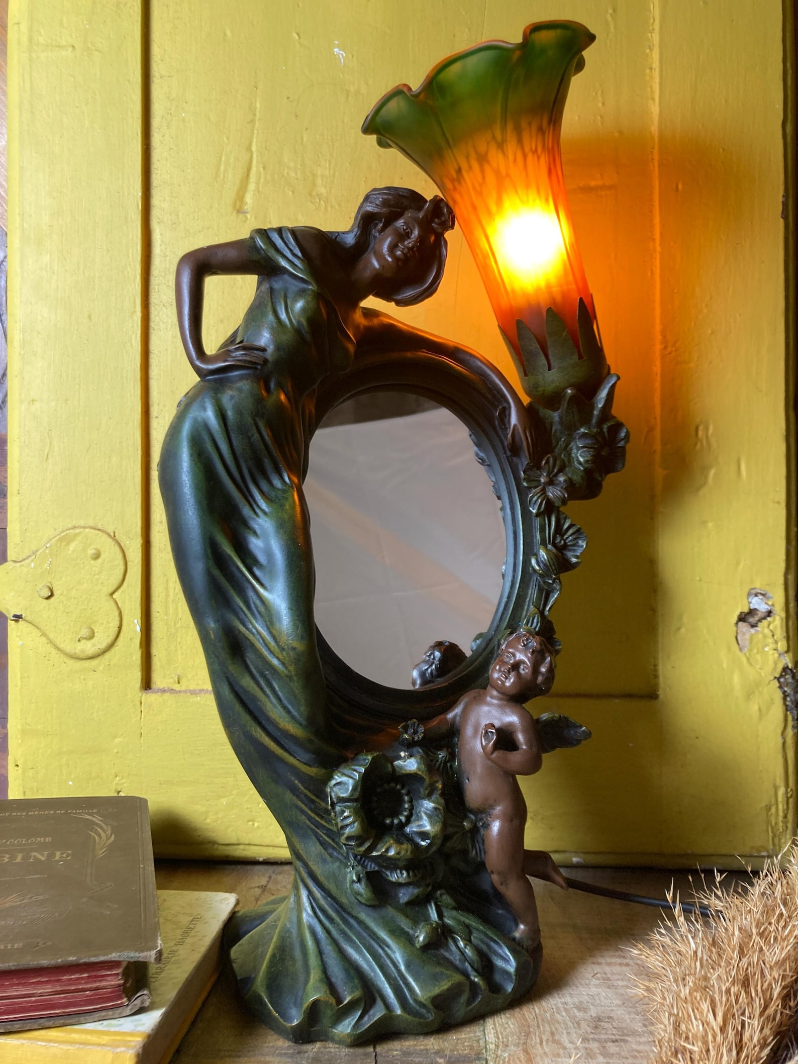 Art Nouveau Style Lamp Signed Crosa 1995. Woman and Angel With Mirror ...
