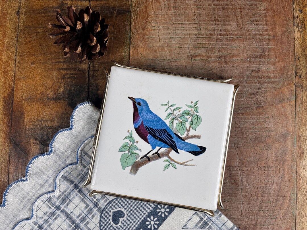 Vintage French Trivet Bird Design, Gien Faience Tile, Gold Tone Metal ...