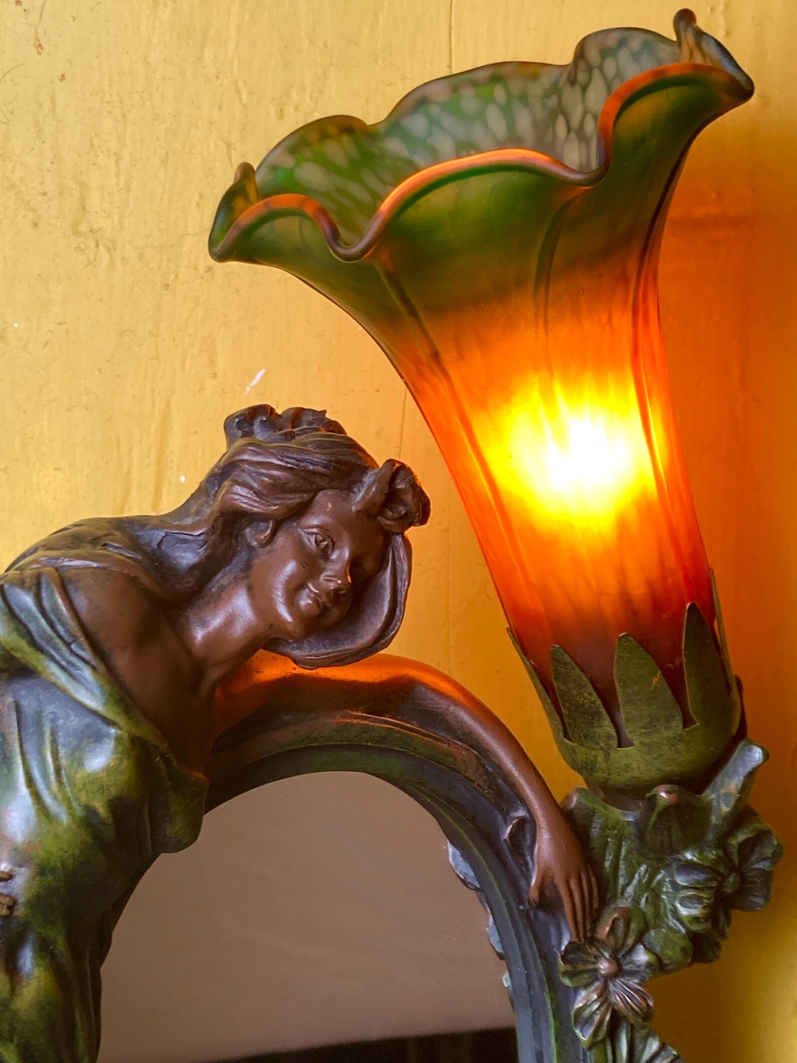 Art Nouveau Style Lamp Signed Crosa 1995. Woman and Angel With Mirror ...