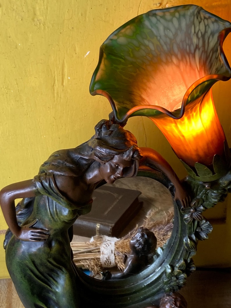 Art Nouveau Style Lamp Signed Crosa 1995. Woman and Angel With Mirror ...