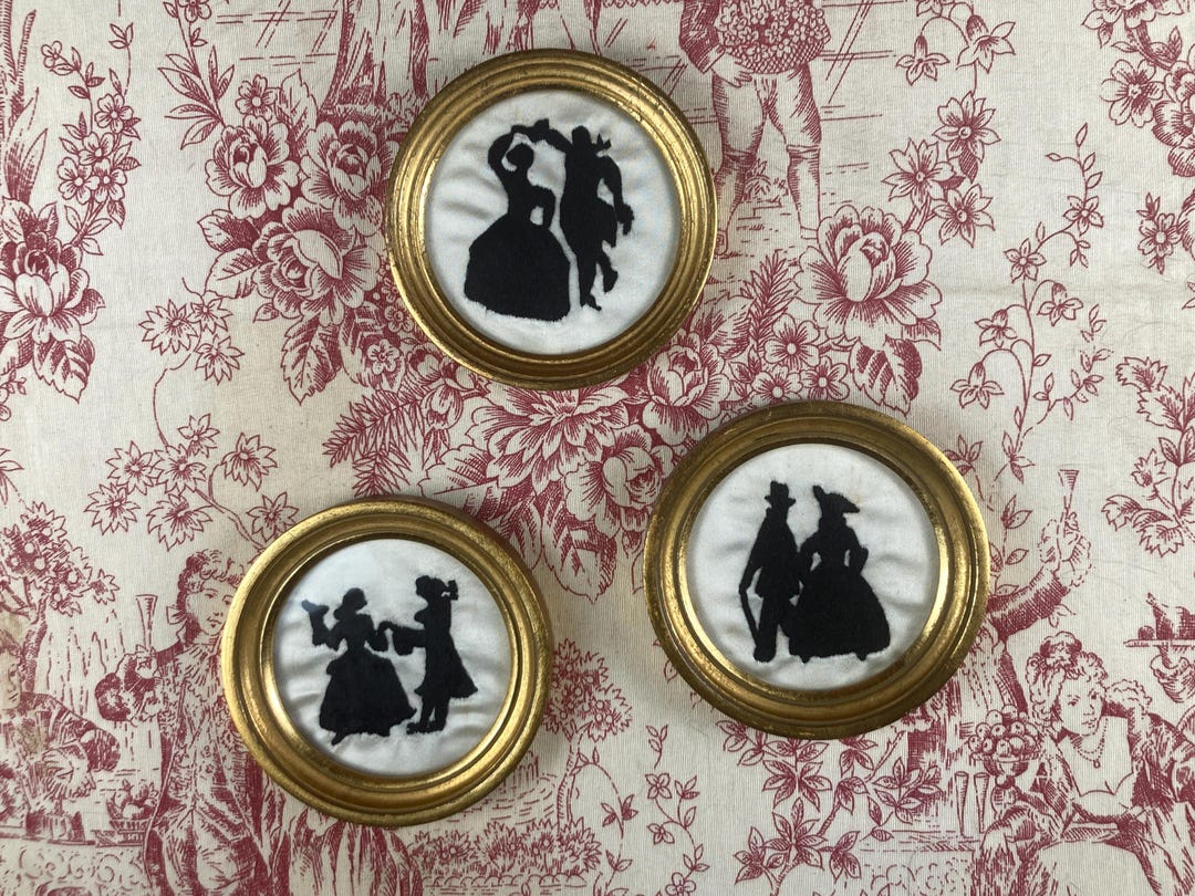 Set of 3 Antique Miniature Wall Art | Black Thread Silhouettes on Silk ...