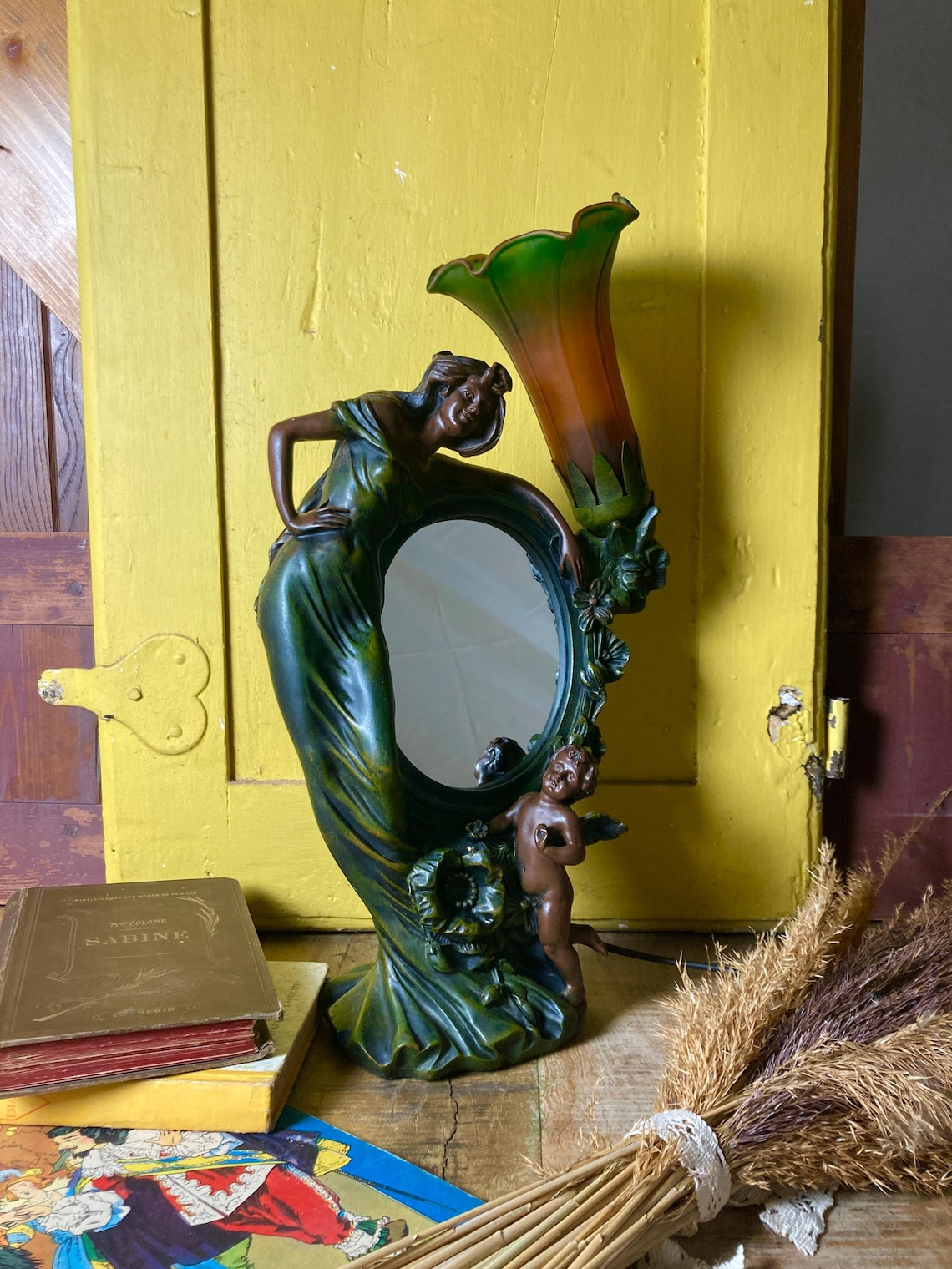 Art Nouveau Style Lamp Signed Crosa 1995. Woman and Angel With Mirror ...