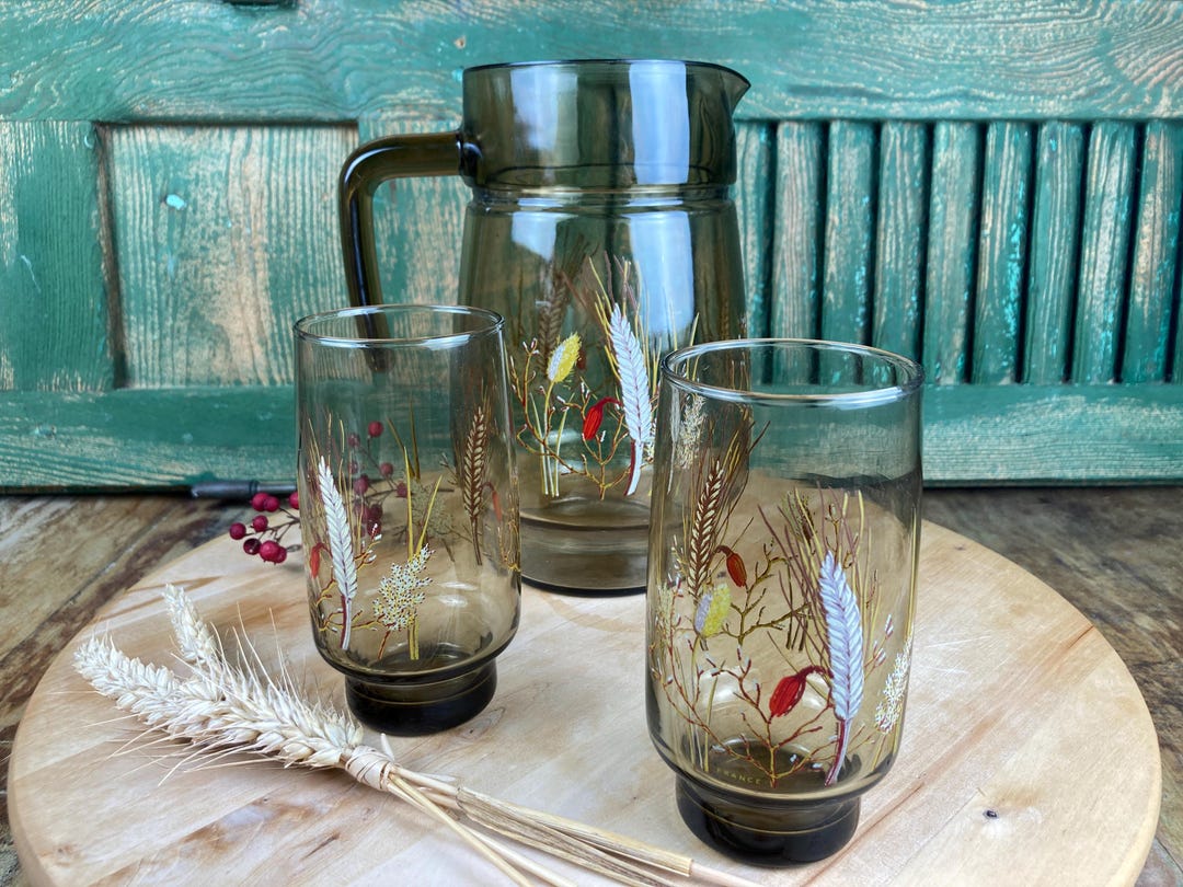 Vintage Smoky Glass Lemonade Set | Pitcher + 2 Tall Glasses | Wheat ...