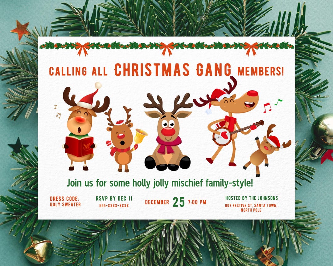 EDITABLE Rudolph the Red Nose Reindeer Christmas Gang Party Family ...