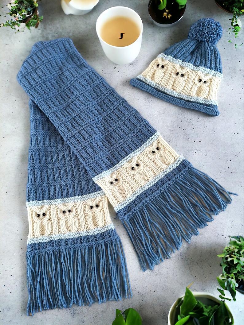 Owl Knitting Patterns - Owls Scarf Beanie Hat Toque Mitts Gloves Wrist ...