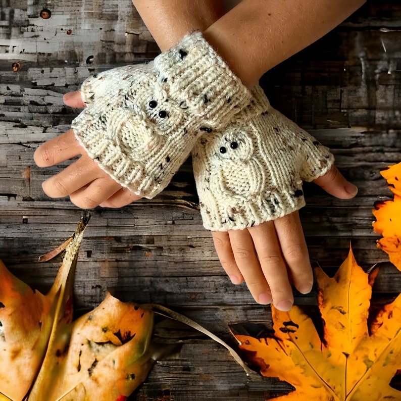 CUSTOM MADE Hand Knit Owl Fingerless Granny Gloves Mittens Mitt - Gift ...