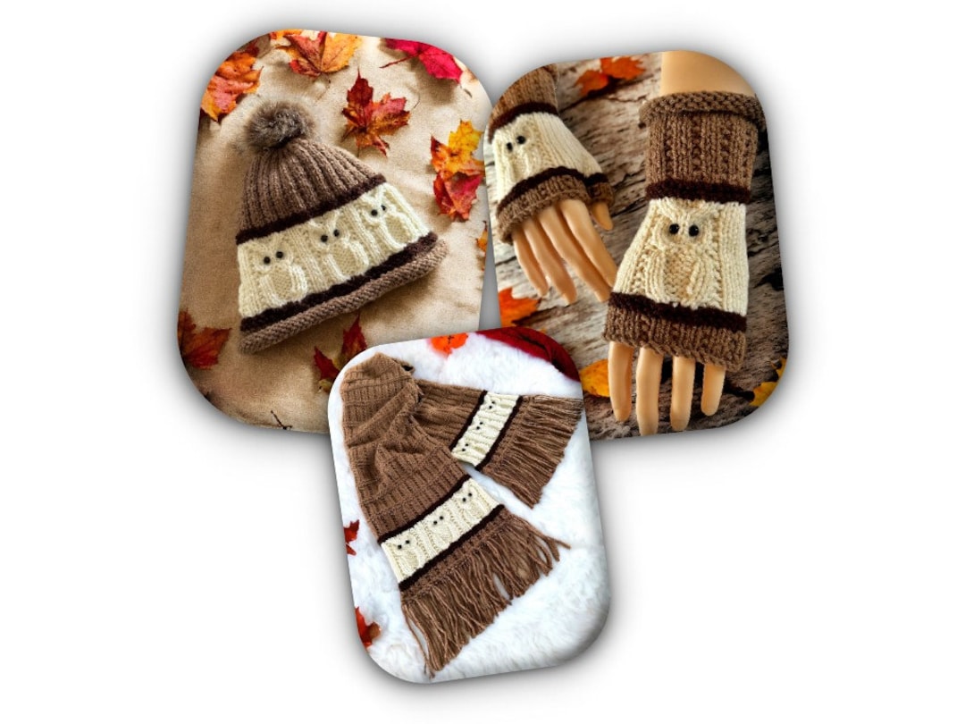 Owl Knitting Patterns Owls Scarf Beanie Hat Toque Mitts Gloves Wrist ...