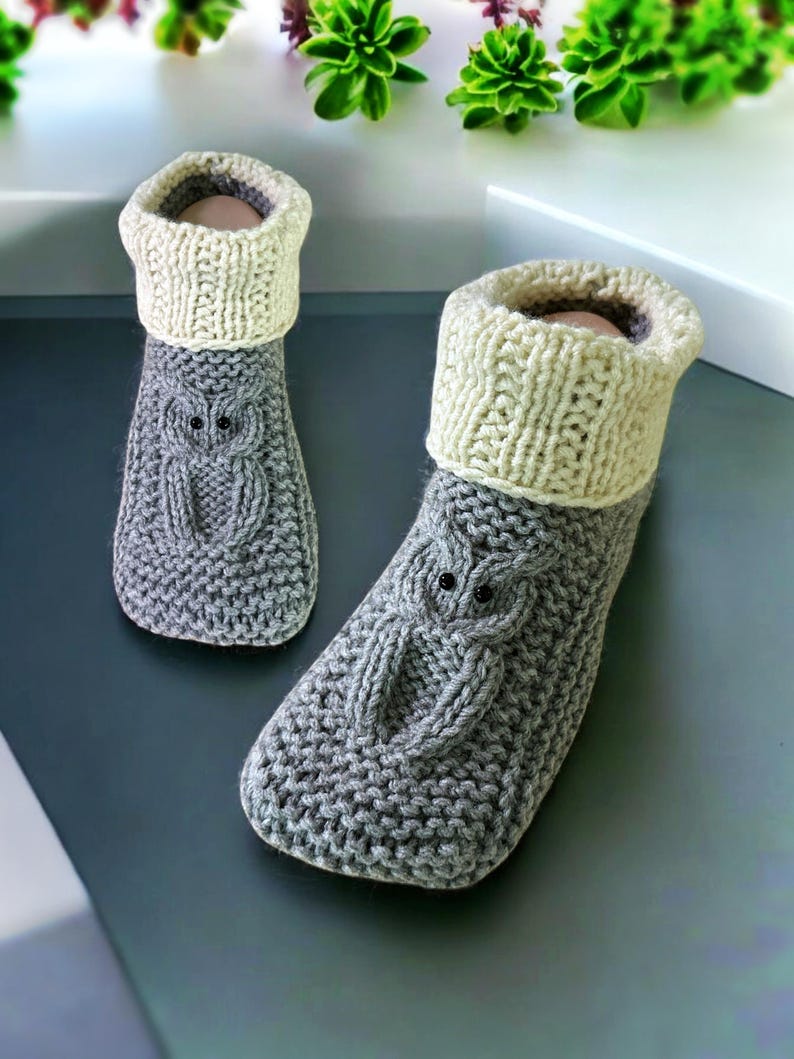 Knitting Pattern - Knitted Cable Owl Slippers With a Cuff - Moccasin ...