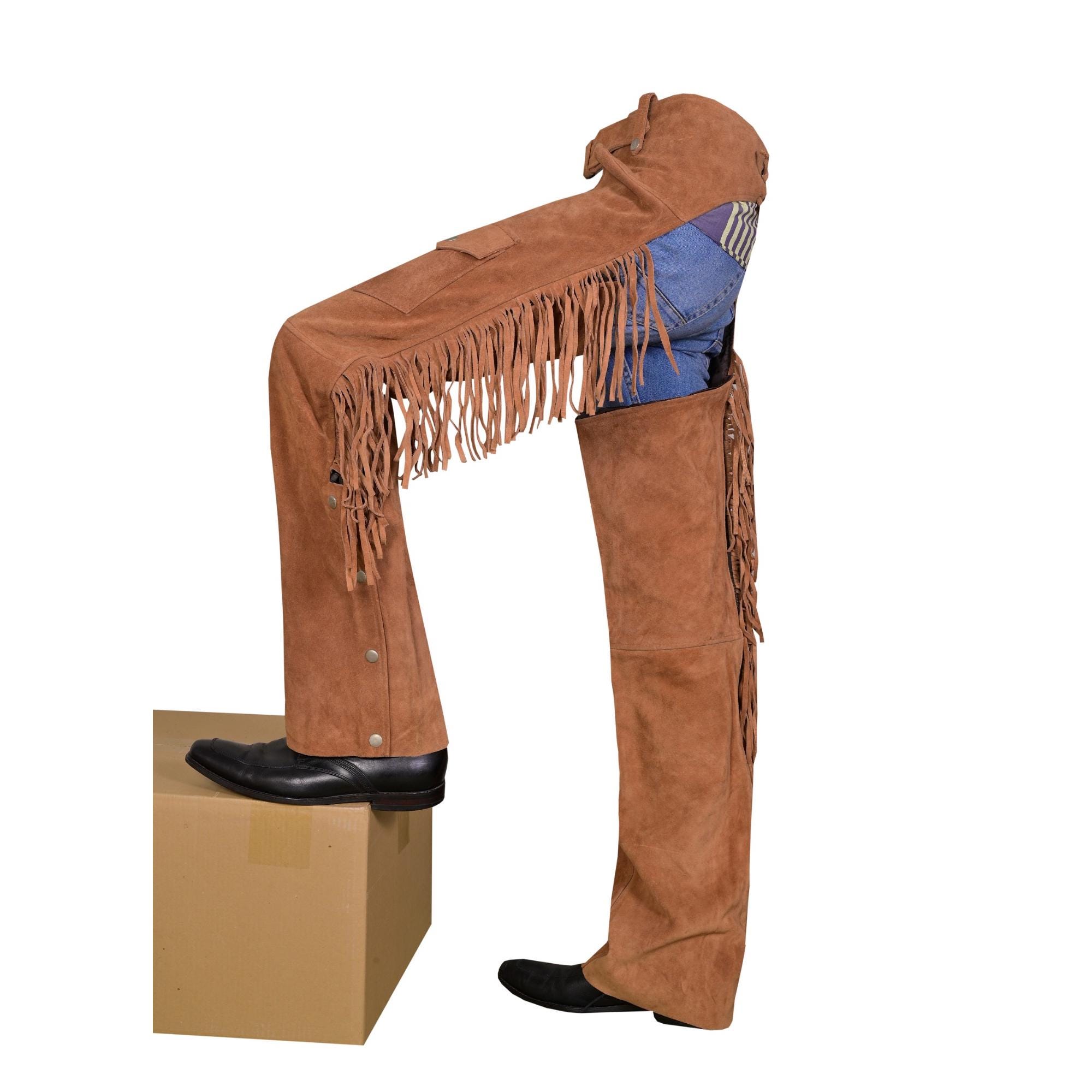 Suede Leather Fringe Chaps With Side Pocket – Rodeo Cowboy Pants for ...