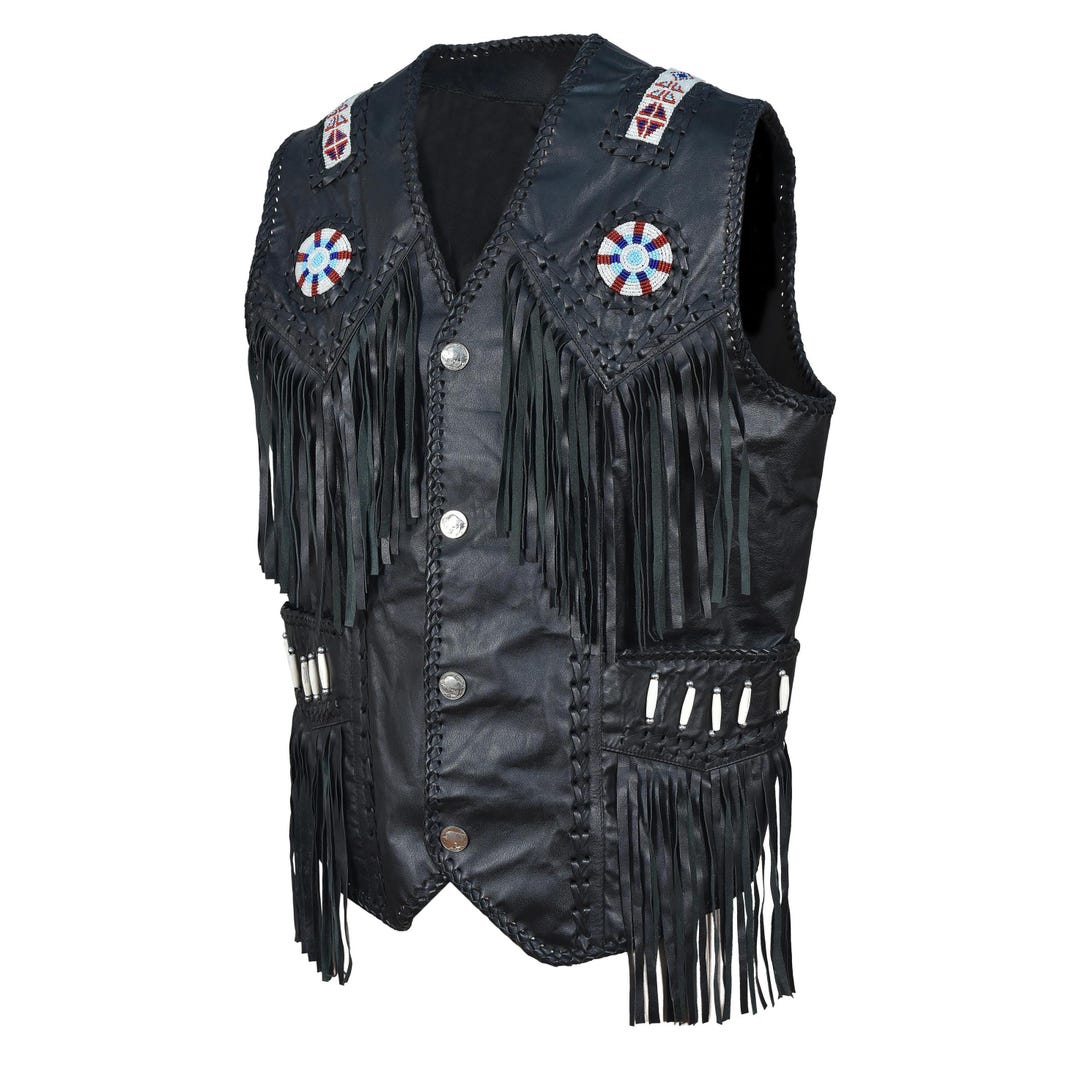 Genuine Suede Leather Western Vest With Fringe and Beaded Accents – Men ...