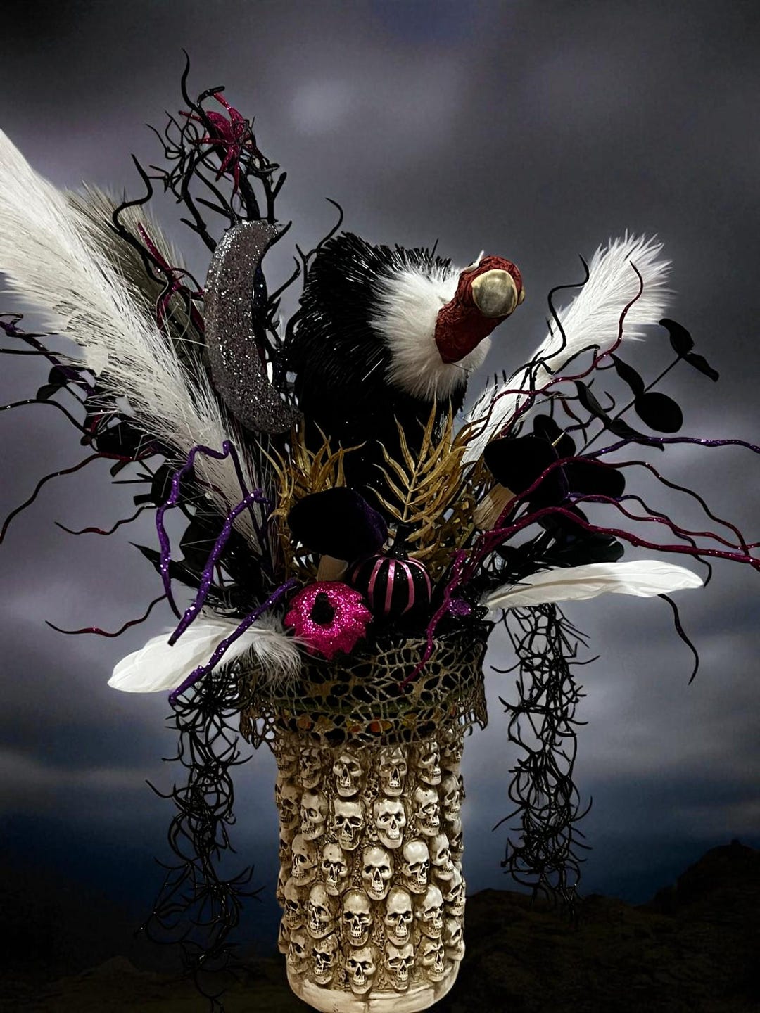 Buzzard Skull Halloween Centerpiece: Gothic Feather & Crescent Moon ...