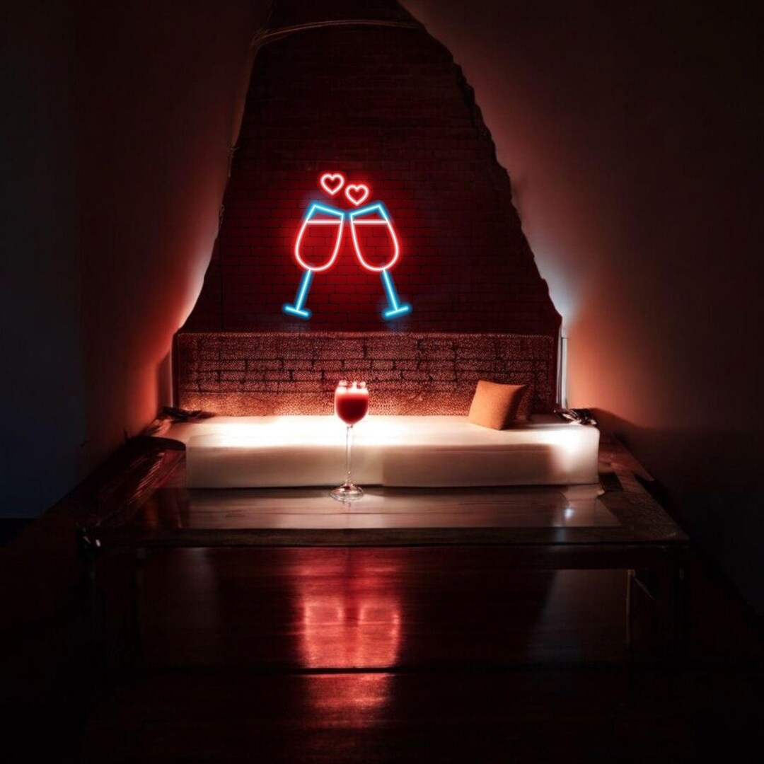 2 Wine Glasses With Love Neon Picture Filled With Hearts, Neon Wine Glasses, Heart Noan Wine ...
