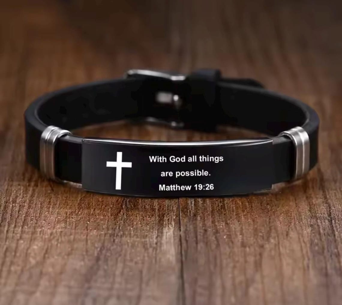 Religious Bible Verse Bracelet Black Stainless Steel Silicone Christian ...
