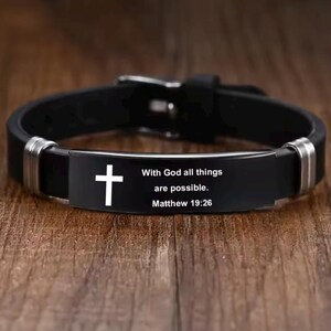 Religious Bible Verse Bracelet Black Stainless Steel Silicone Christian ...