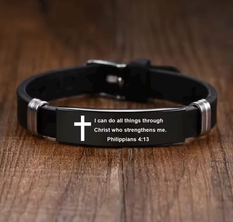 Religious Bible Verse Bracelet Black Stainless Steel Silicone Christian ...