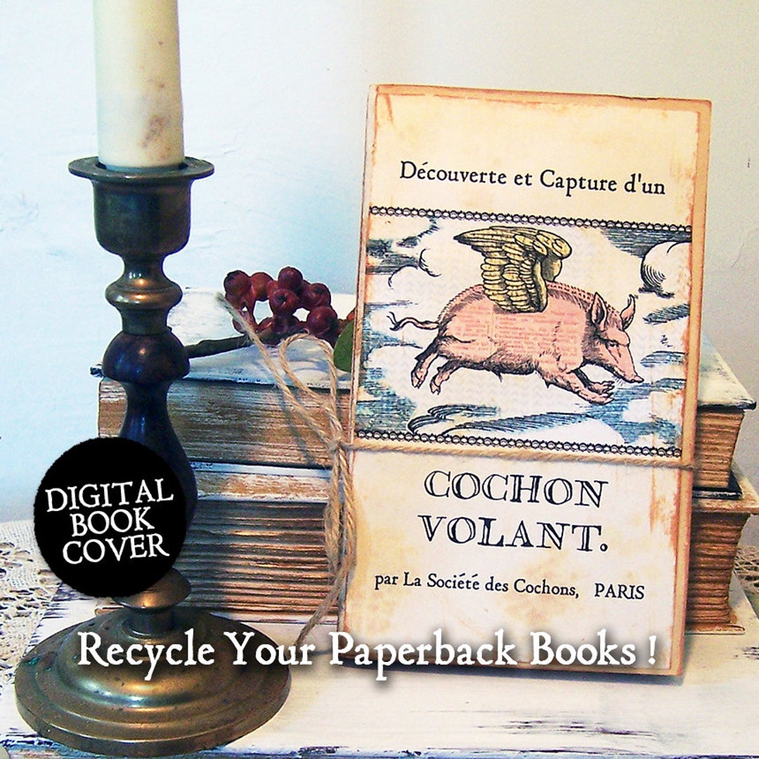 Flying Pig Book Cover Art - Rustic Books - Pig Gift - Junk Journal ...