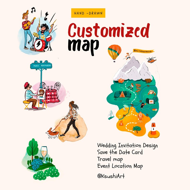 Custom Hand-drawn Map,wedding Invitation Design,save the Date Card ...