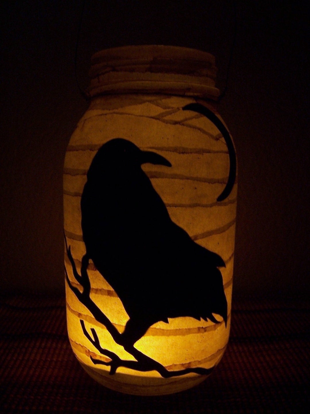Halloween Crow Mason Jar Lantern Primitive Candle Holder Light Luminary ...
