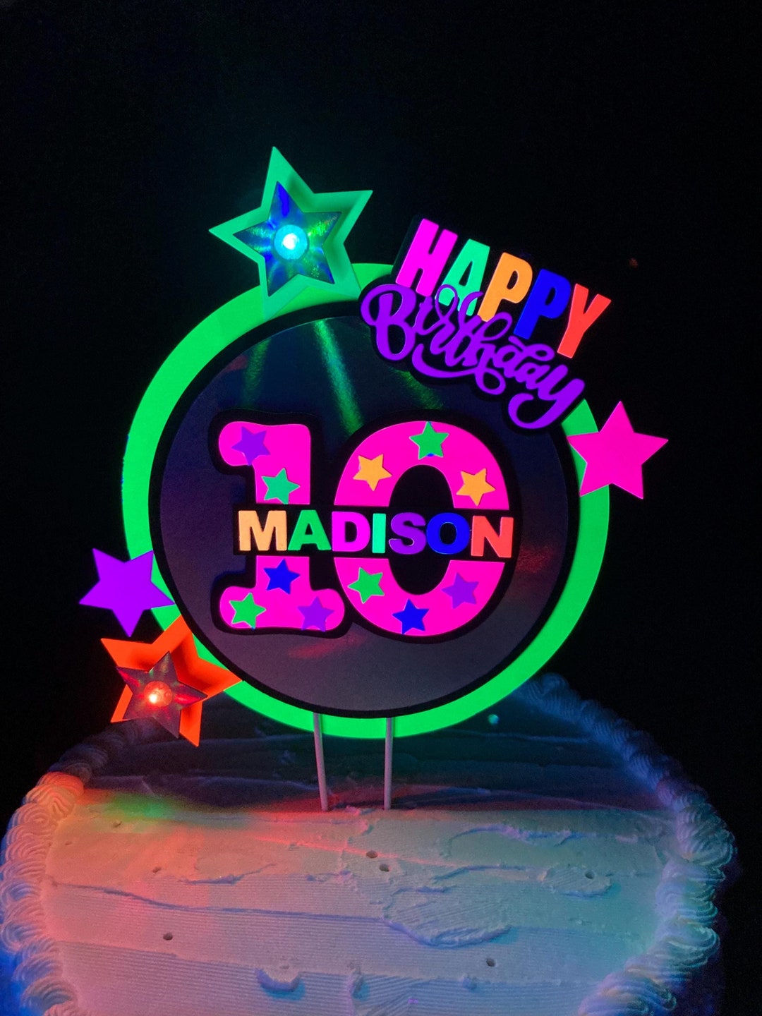 LED Lights Glow Party Neon Birthday Cake Topper, Personalized Age and ...