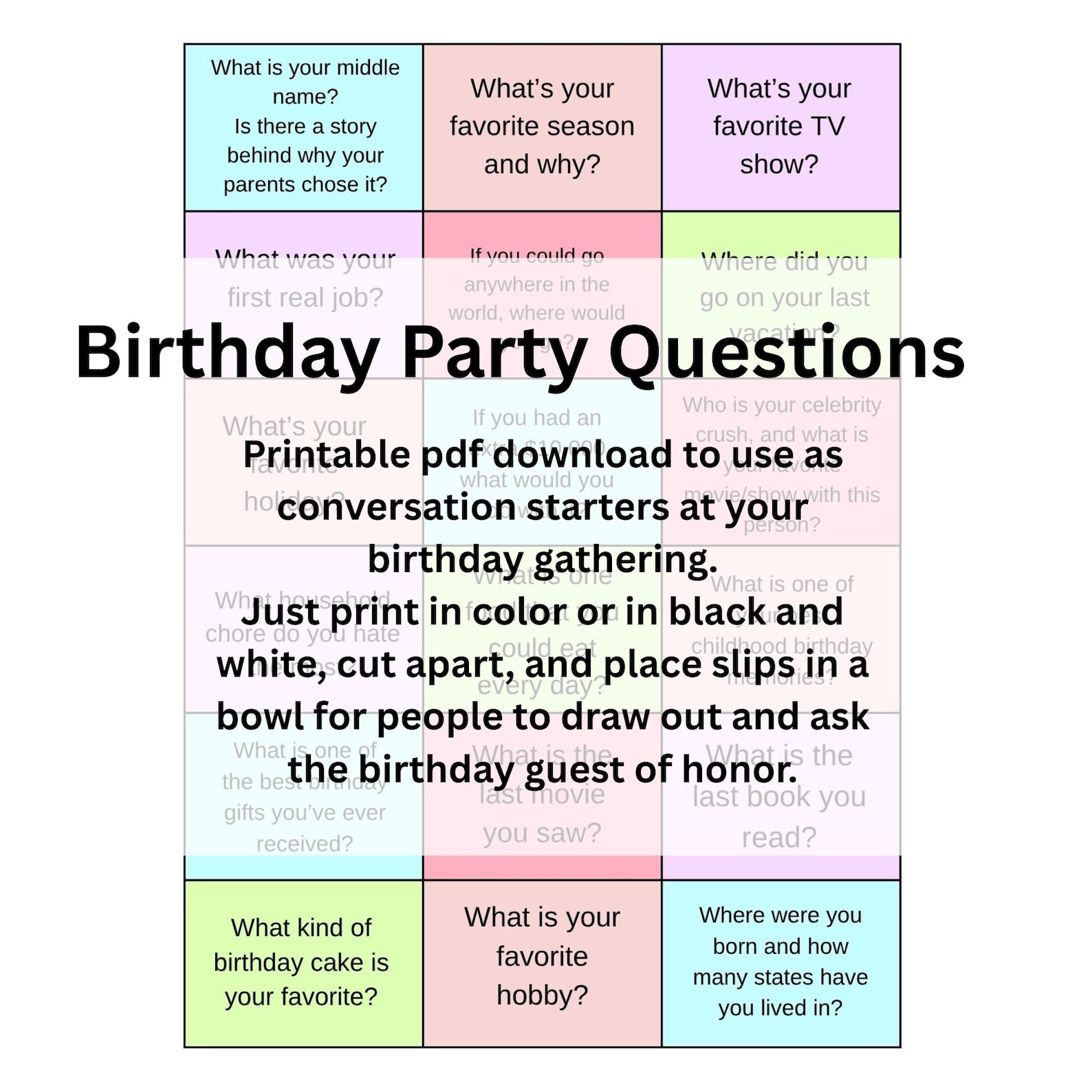 Birthday Party Questions, Printable Birthday Game, Office Gathering ...